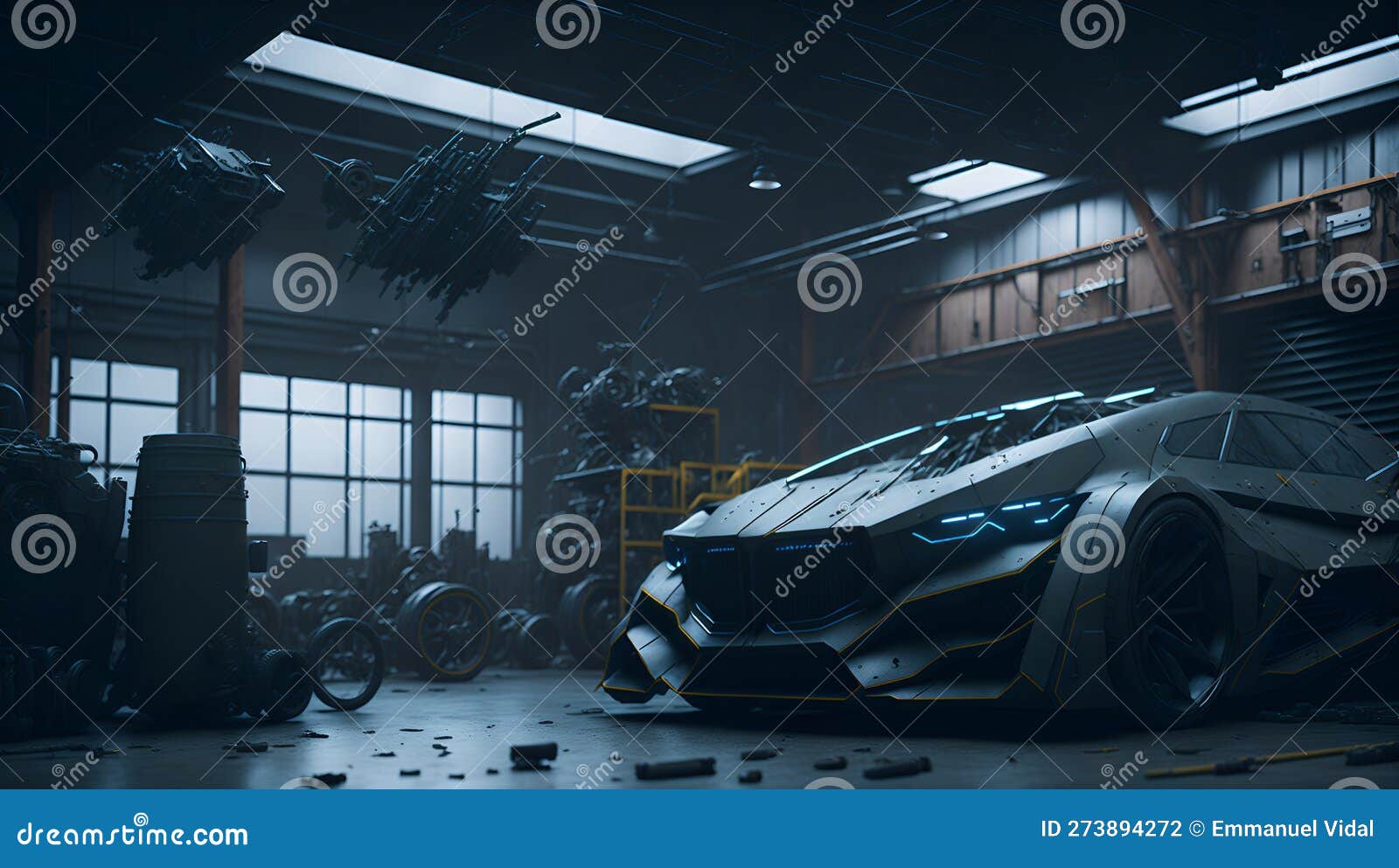 3D Rendering of a Brand-less Generic Concept Car in a Garage Stock ...
