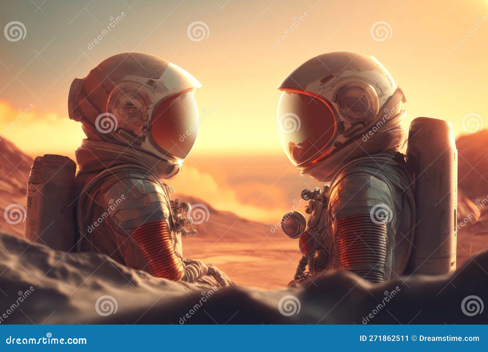 Rendezvous Of Astronauts On The Surface Of Mars. Space Teamwork ...