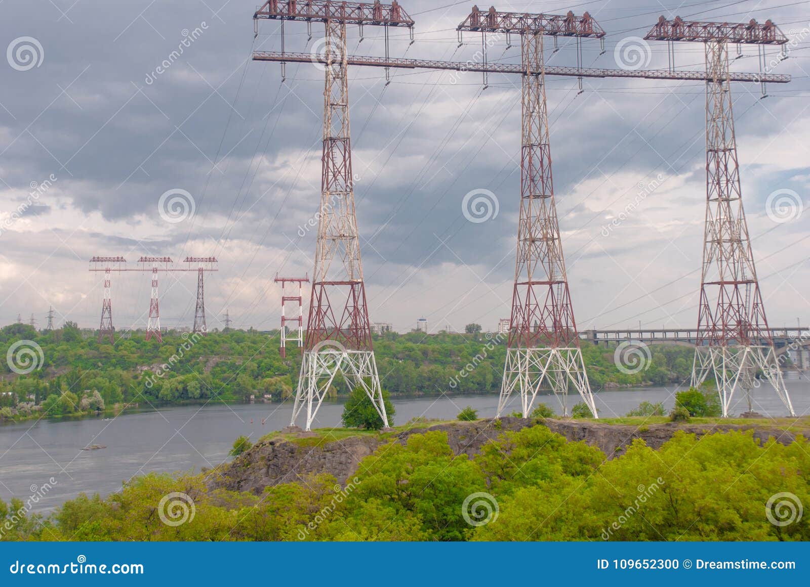 Renewable Energy Sources and Relay Masts Across the River Stock Photo ...