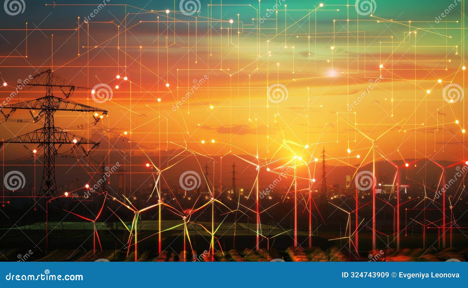 Renewable Energy Synergy Abstract Graph with Silhouettes Demonstrating ...