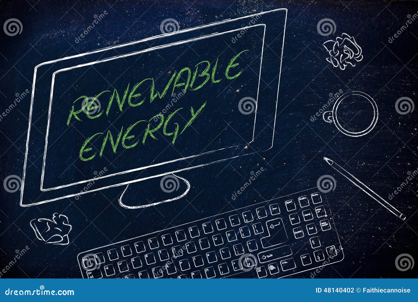 Renewable Energy Text on Computer Screen, on a Desk with Keyboard and ...