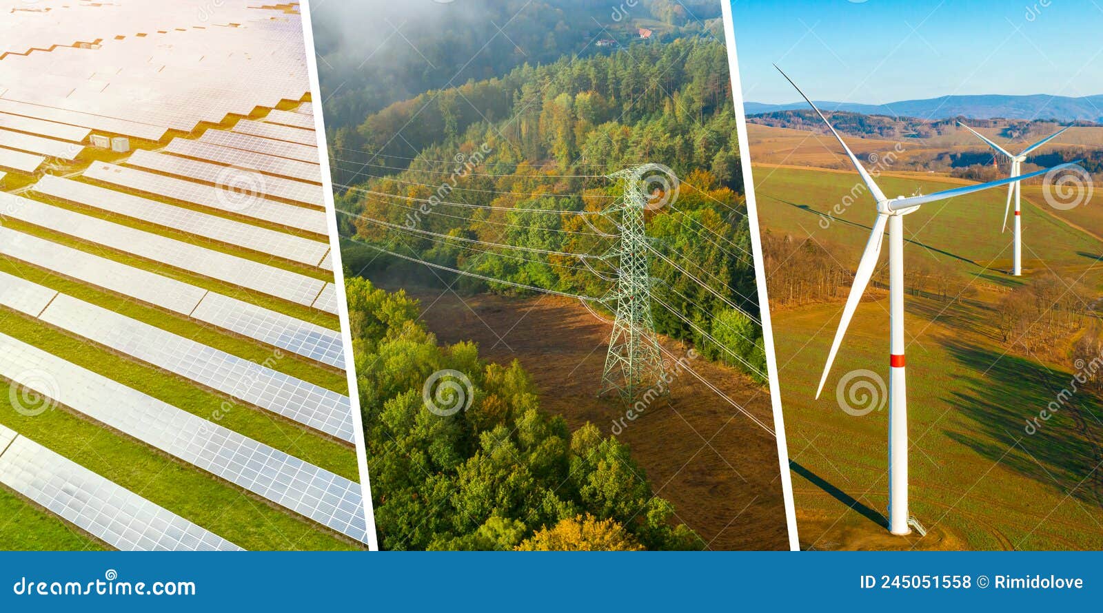 Renewable Green Energy Collage with Solar Panel, Windmill and Pylon ...