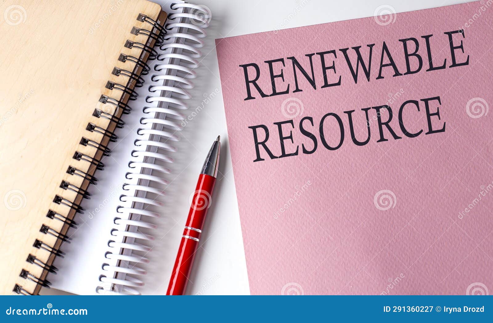 RENEWABLE RESOURCE Word on the Pink Paper with Office Tools on White ...