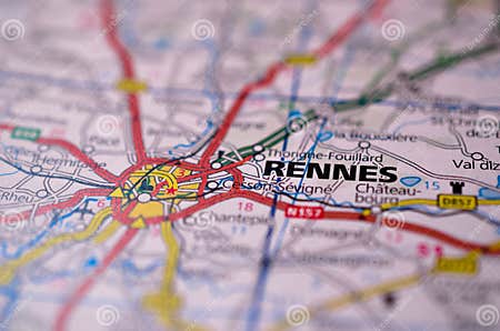 Rennes on map stock photo. Image of plan, aerial, route - 97136332