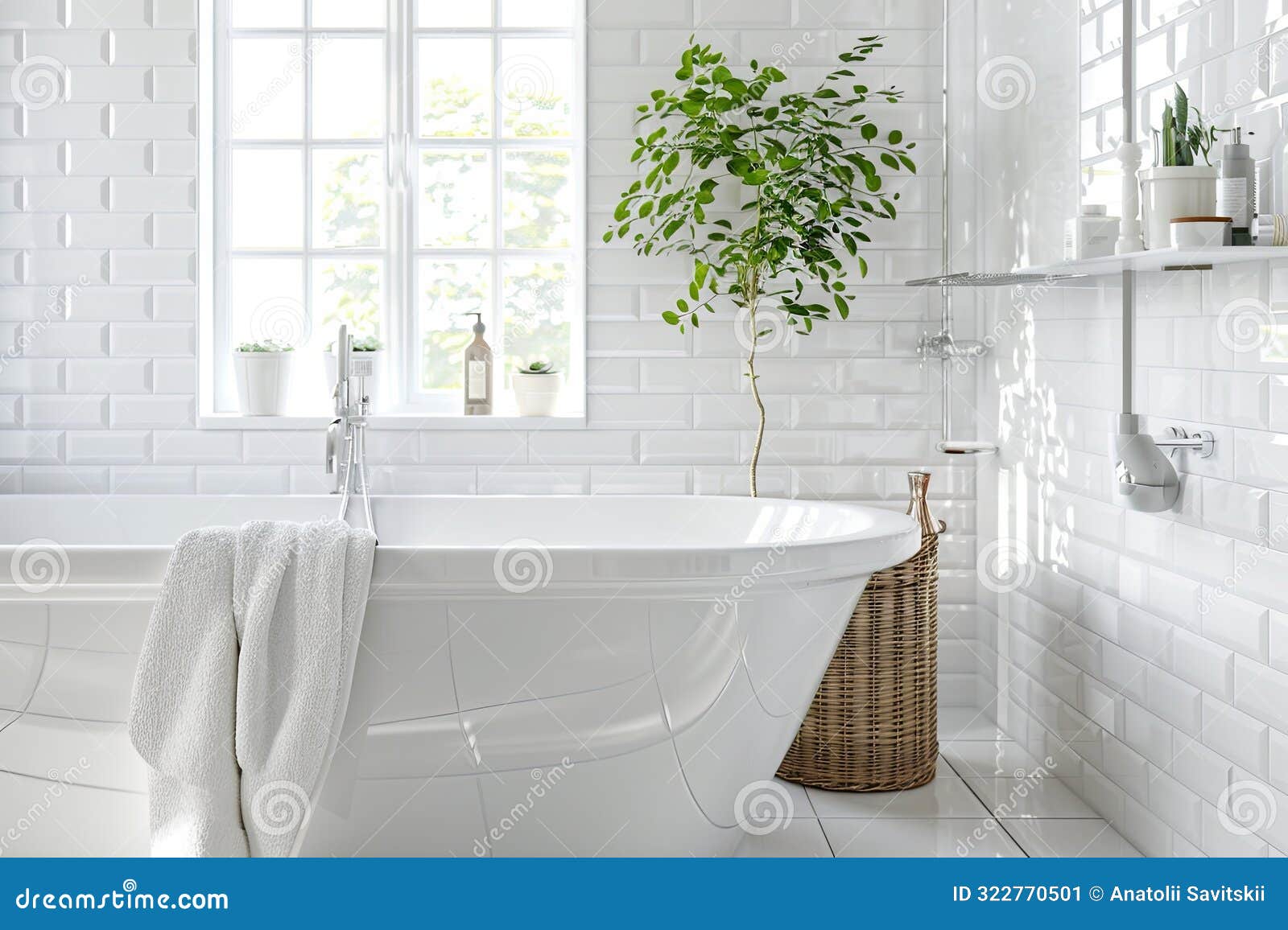 A Renovated Bathroom Features a Pristine White Subway Tile Backsplash and a Freestanding Bathtub ...