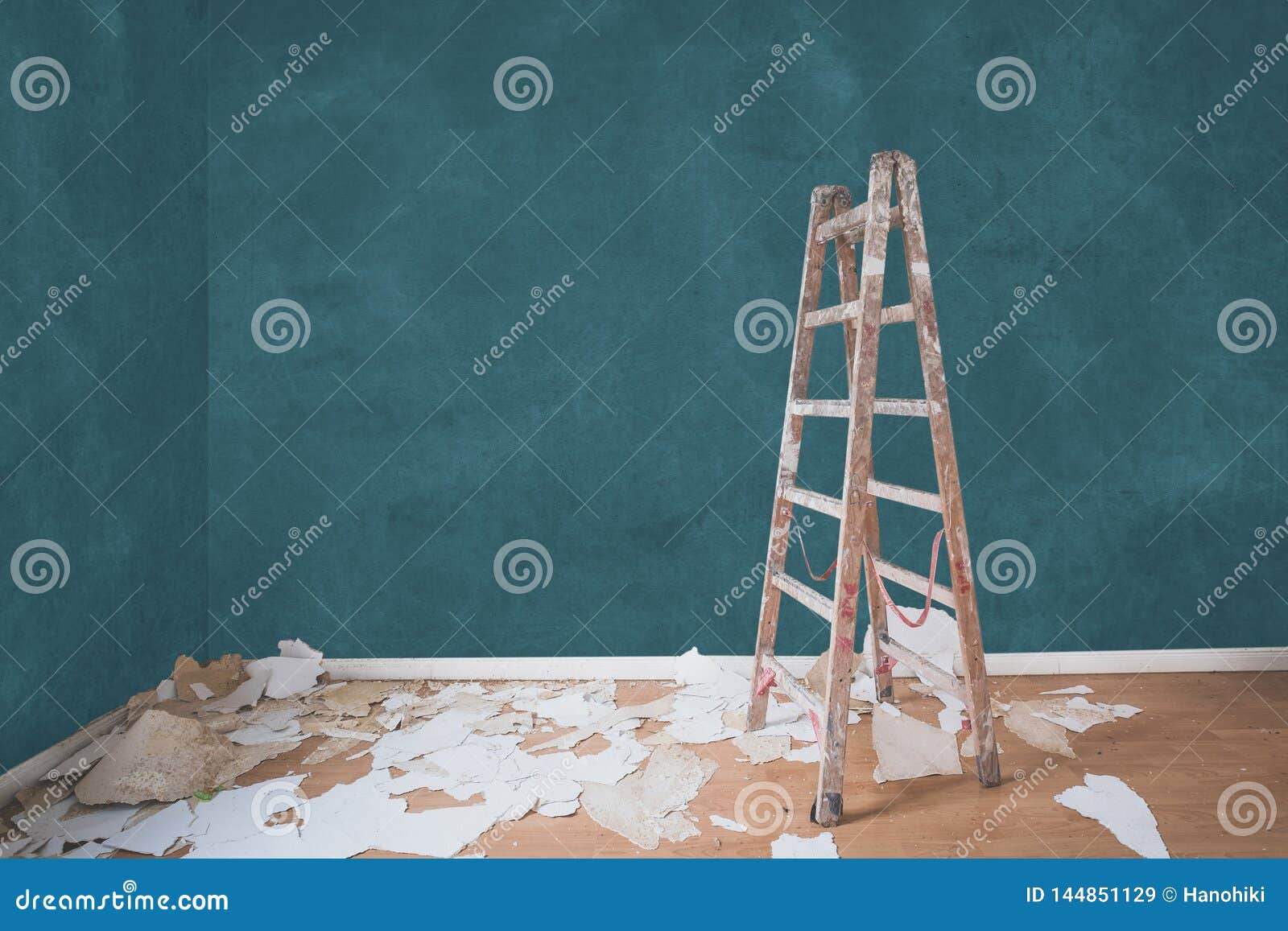 Ladder In Empty Room, White Wall With Colored Paint Samples Royalty ...