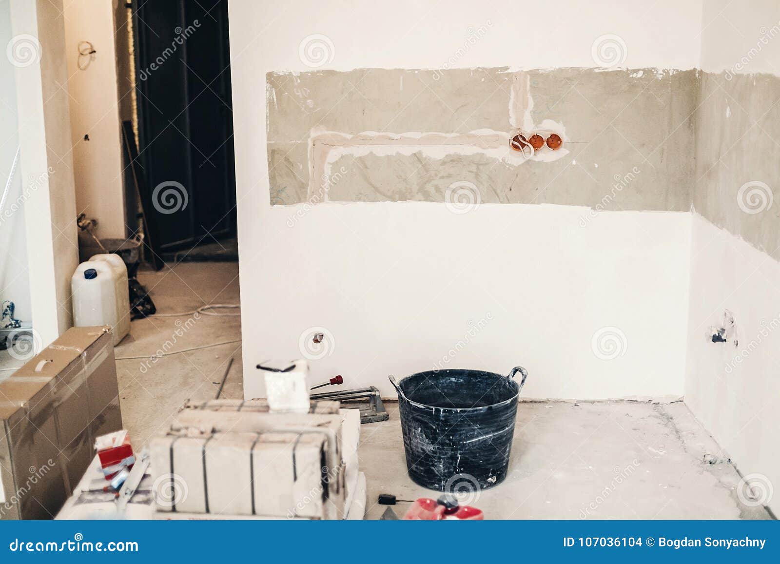 Renovation Concept. Tools Cement Boxes Baskets in Renovating Room ...