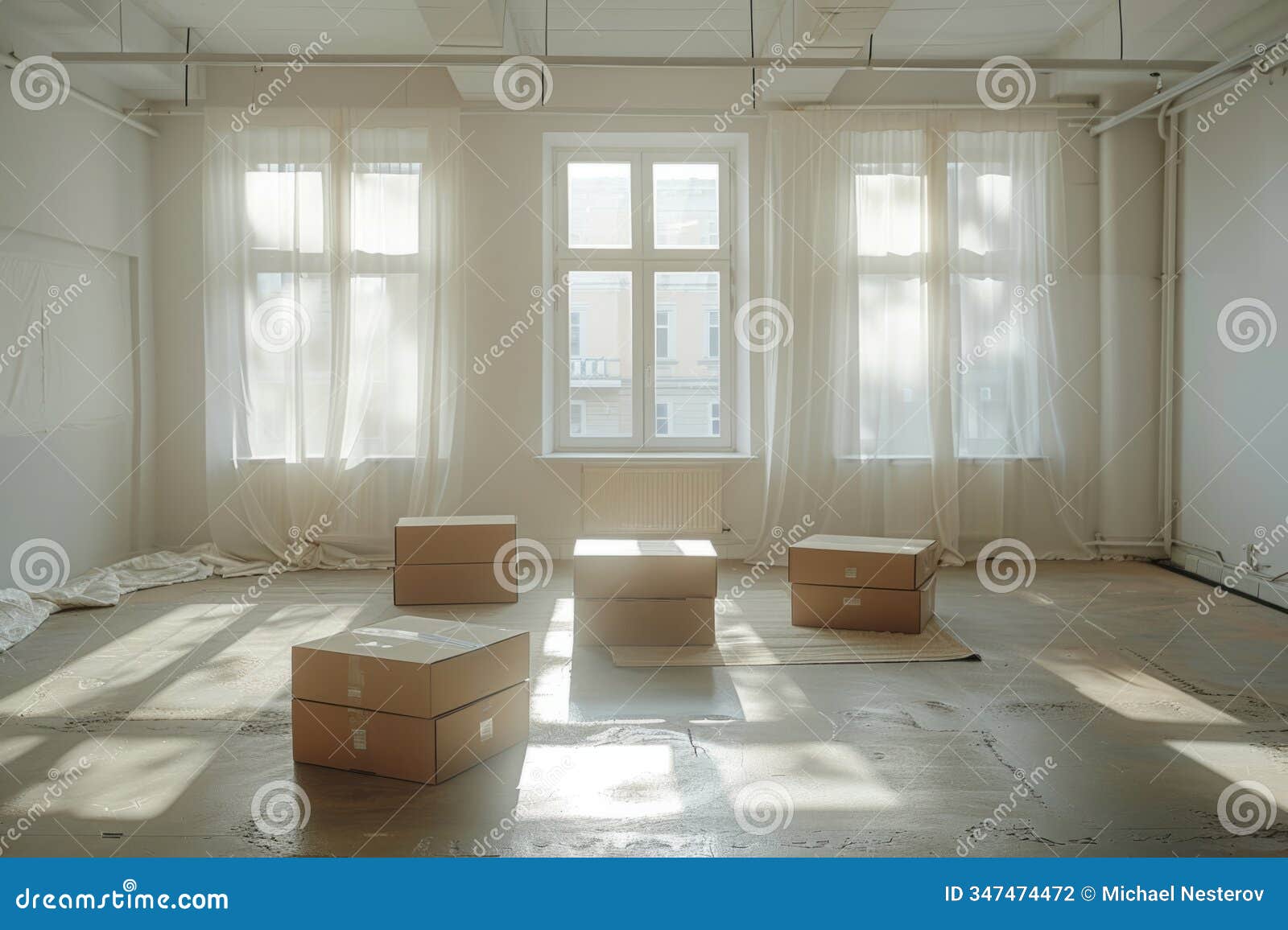 Renovation in an Empty Room, Cardboard Boxes Stock Photo - Image of ...