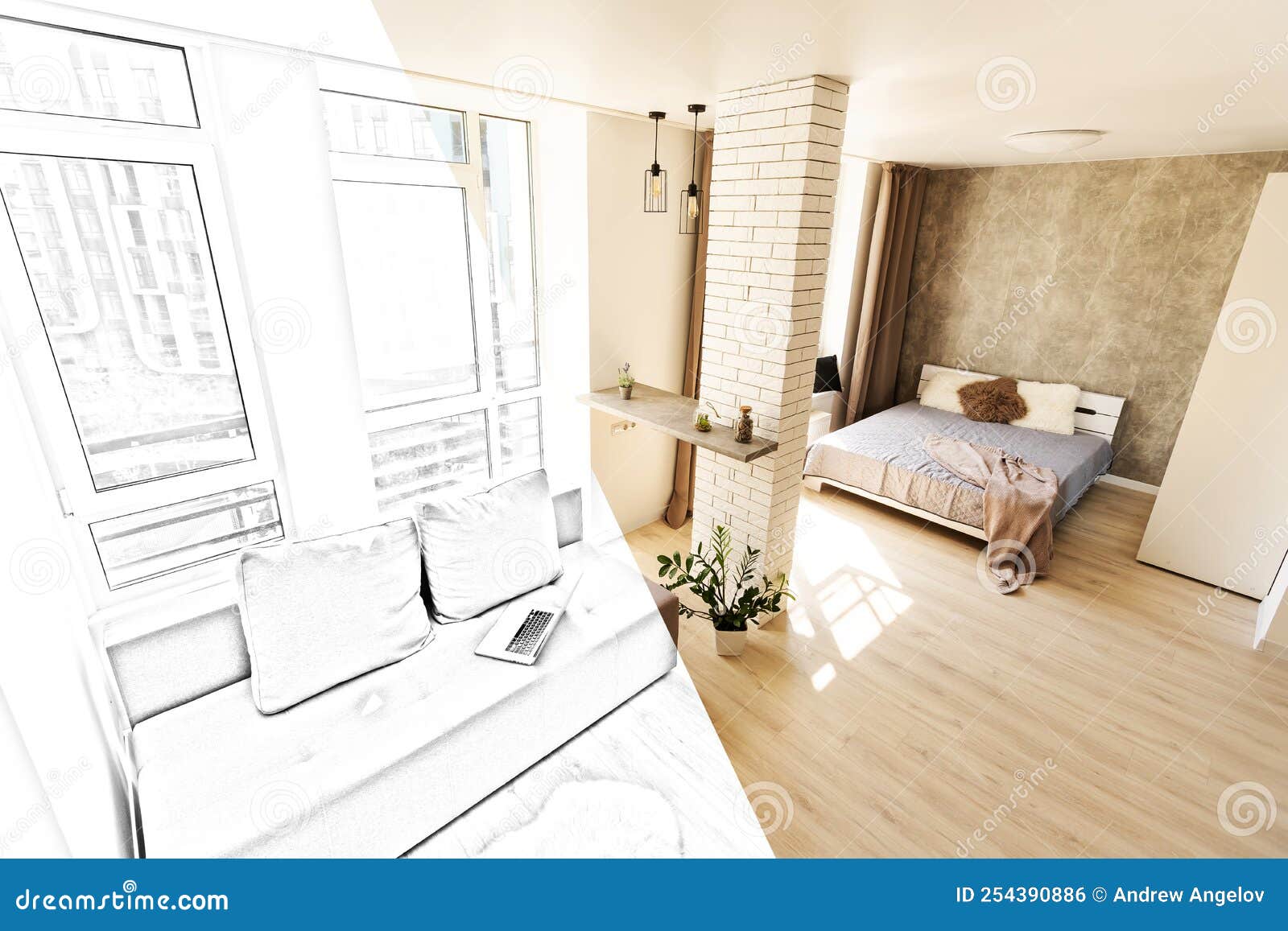 Before and after Renovation Modern Office Interior Sketch. Repairs ...