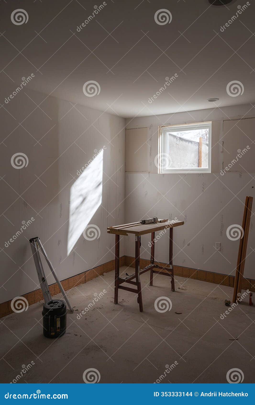 Renovation Scene With Primed Walls And A Workbench In A Partially Constructed Modern Home. Stock ...