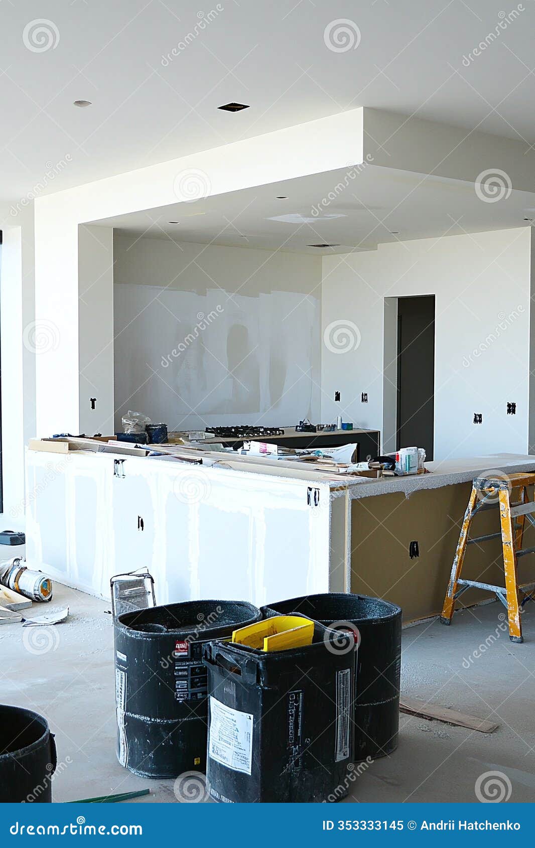 Renovation Scene With Primed Walls And A Workbench In A Partially Constructed Modern Home ...