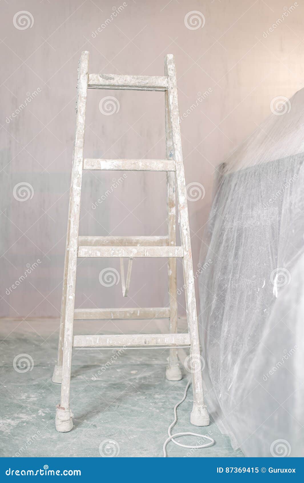 Renovation of a Wall in Empty Room with Ladder Stock Image - Image of ...