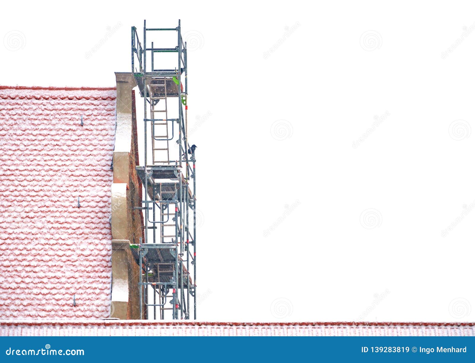 Renovation Work with Scaffolding on Snowy Facade Side View in Winter ...