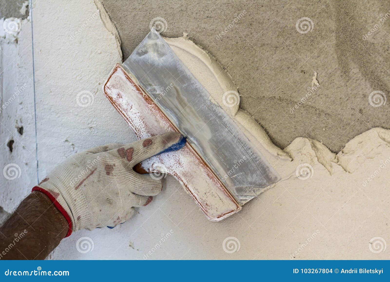 Renovation Workers Hand Plastering the Wall Stock Photo - Image of ...
