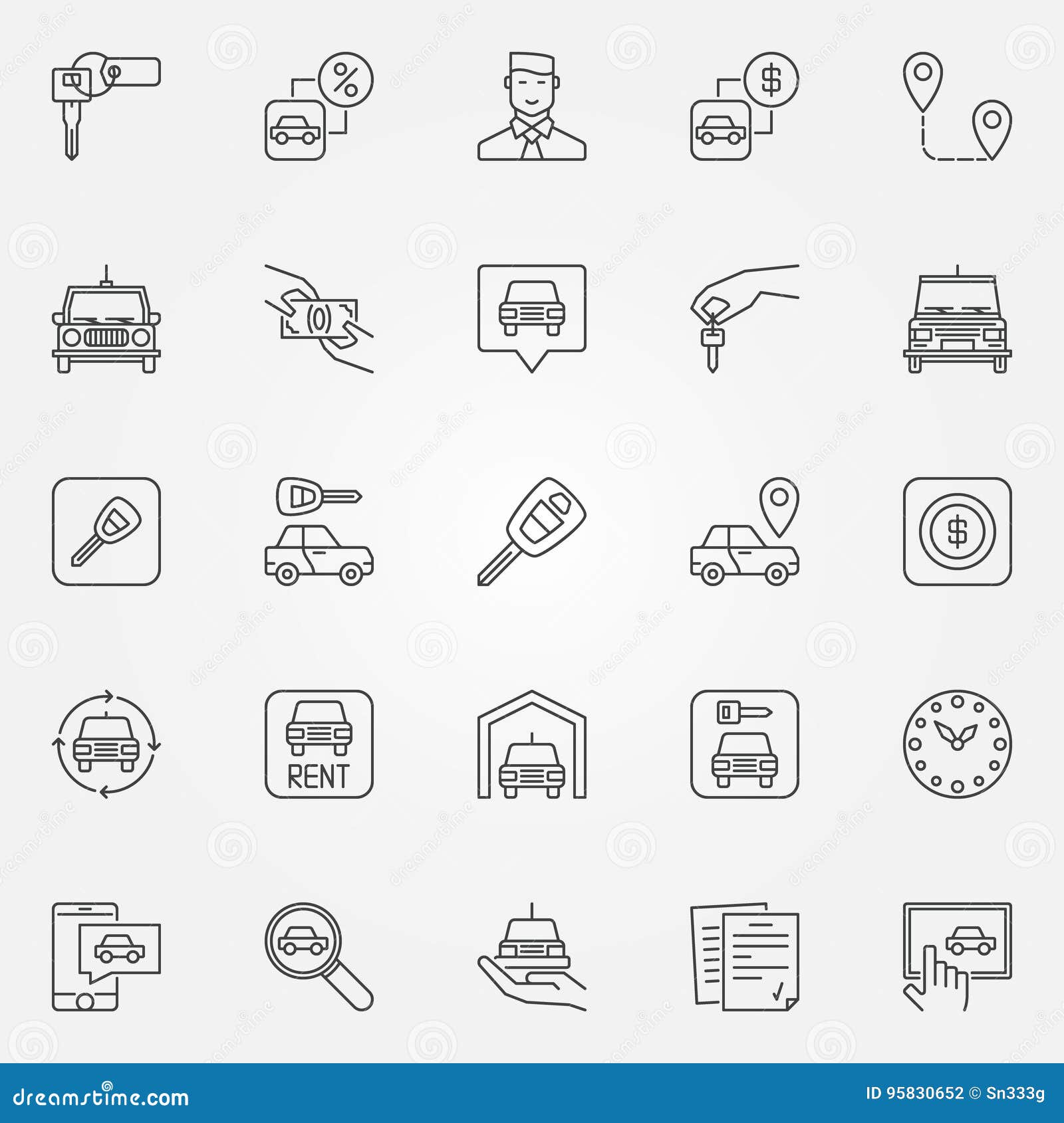 Rent a car icons set stock vector. Illustration of pictogram - 95830652