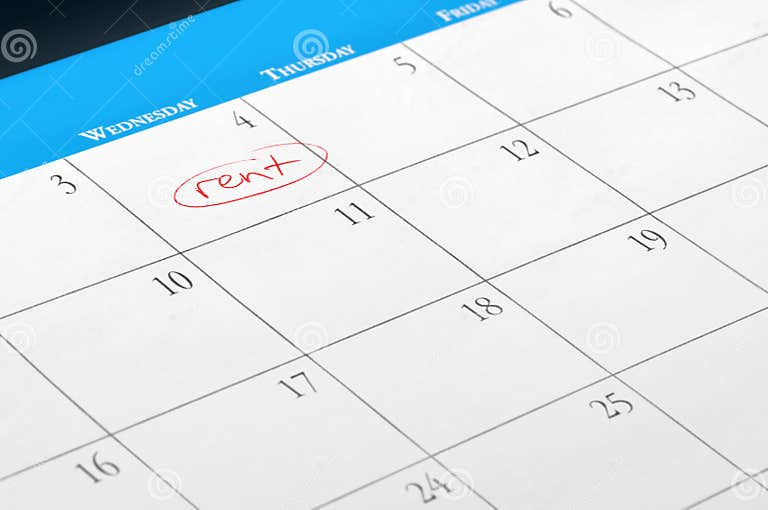 Rent Due Date on Calendar Page Stock Image - Image of time, days: 15466341