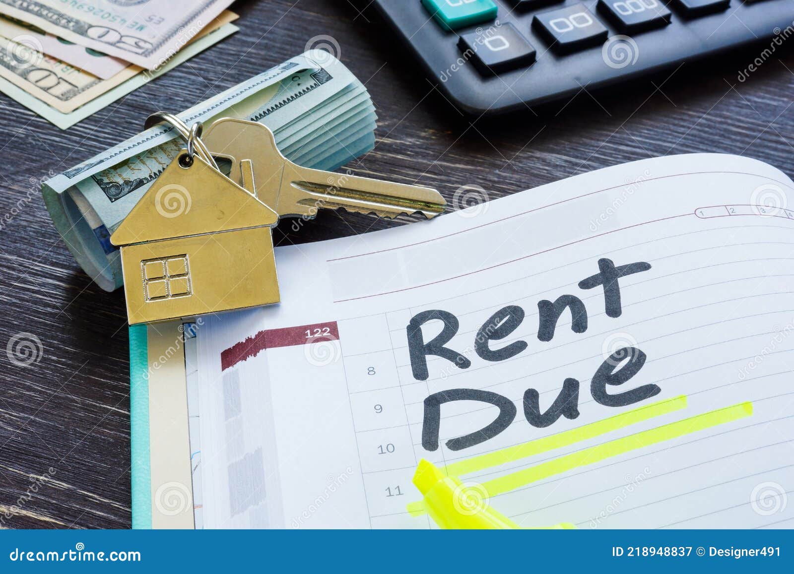 Rent Due Sign in the Planner and Key. Stock Image - Image of planner ...