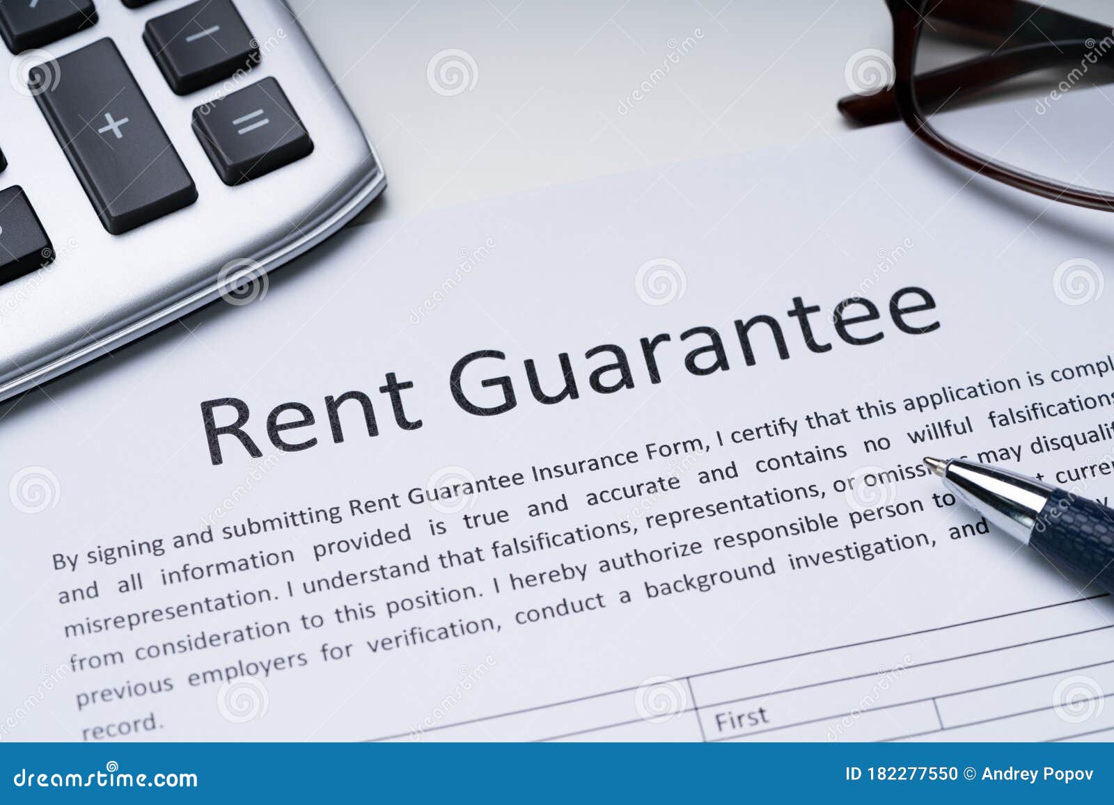 Rent Guarantee Form stock photo. Image of agent, calculator - 182277550