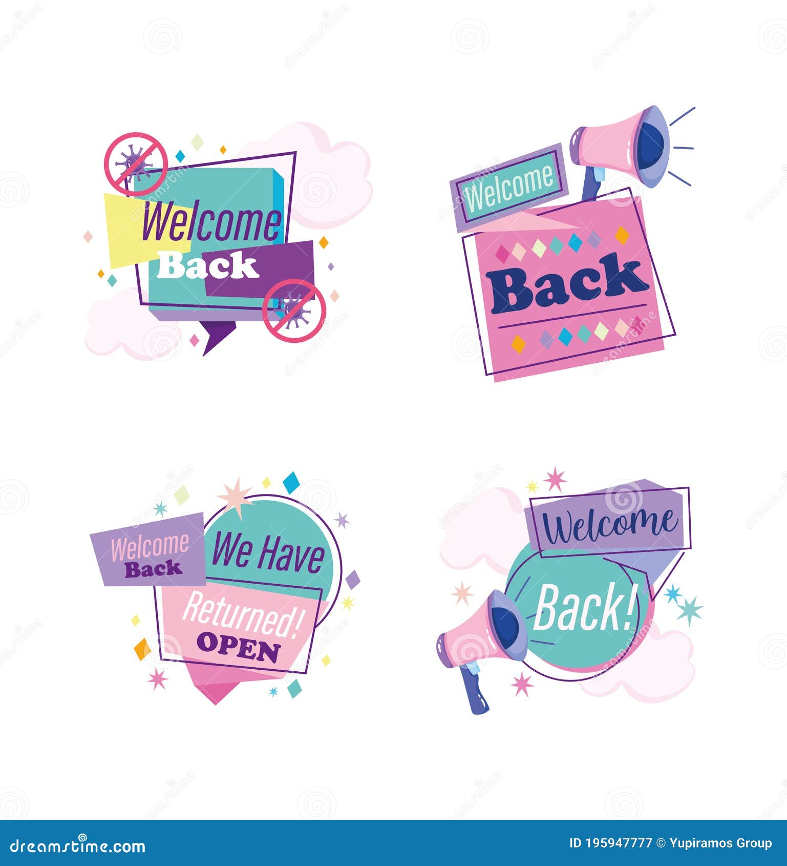 Reopening, Message Advertising Speech Bubbles Megaphone Icons Stock ...