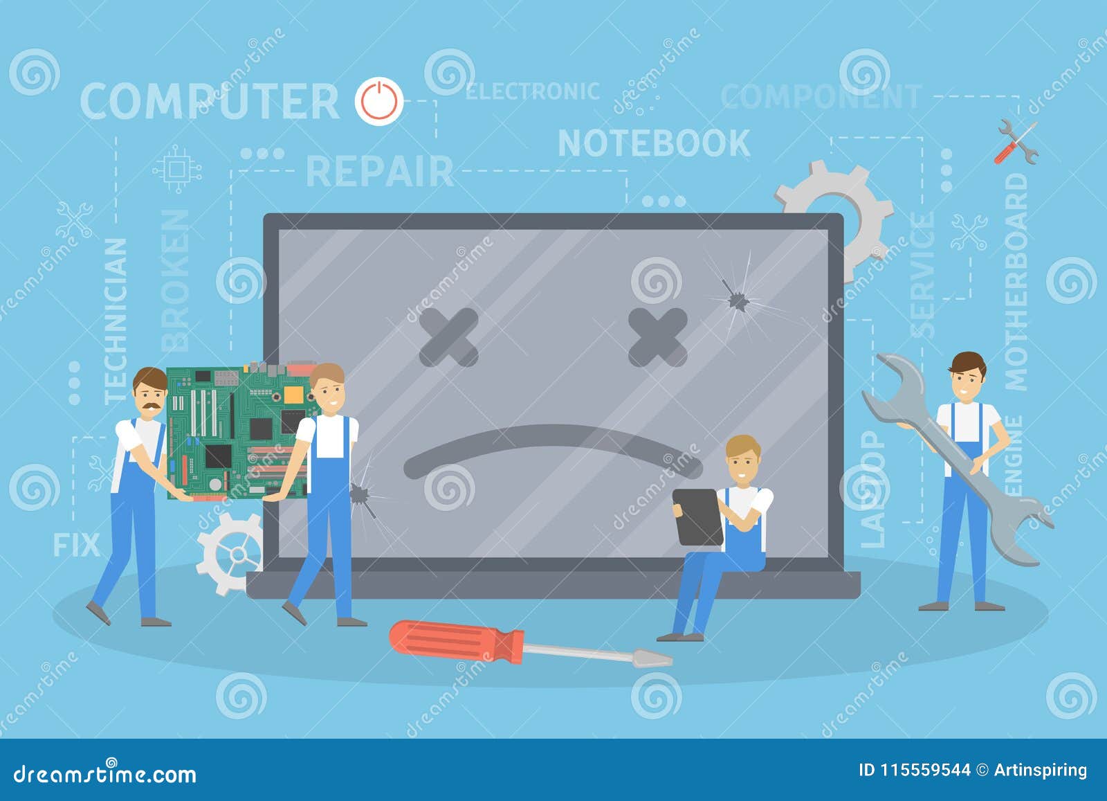 Repair of broken computer. stock vector. Illustration of background ...