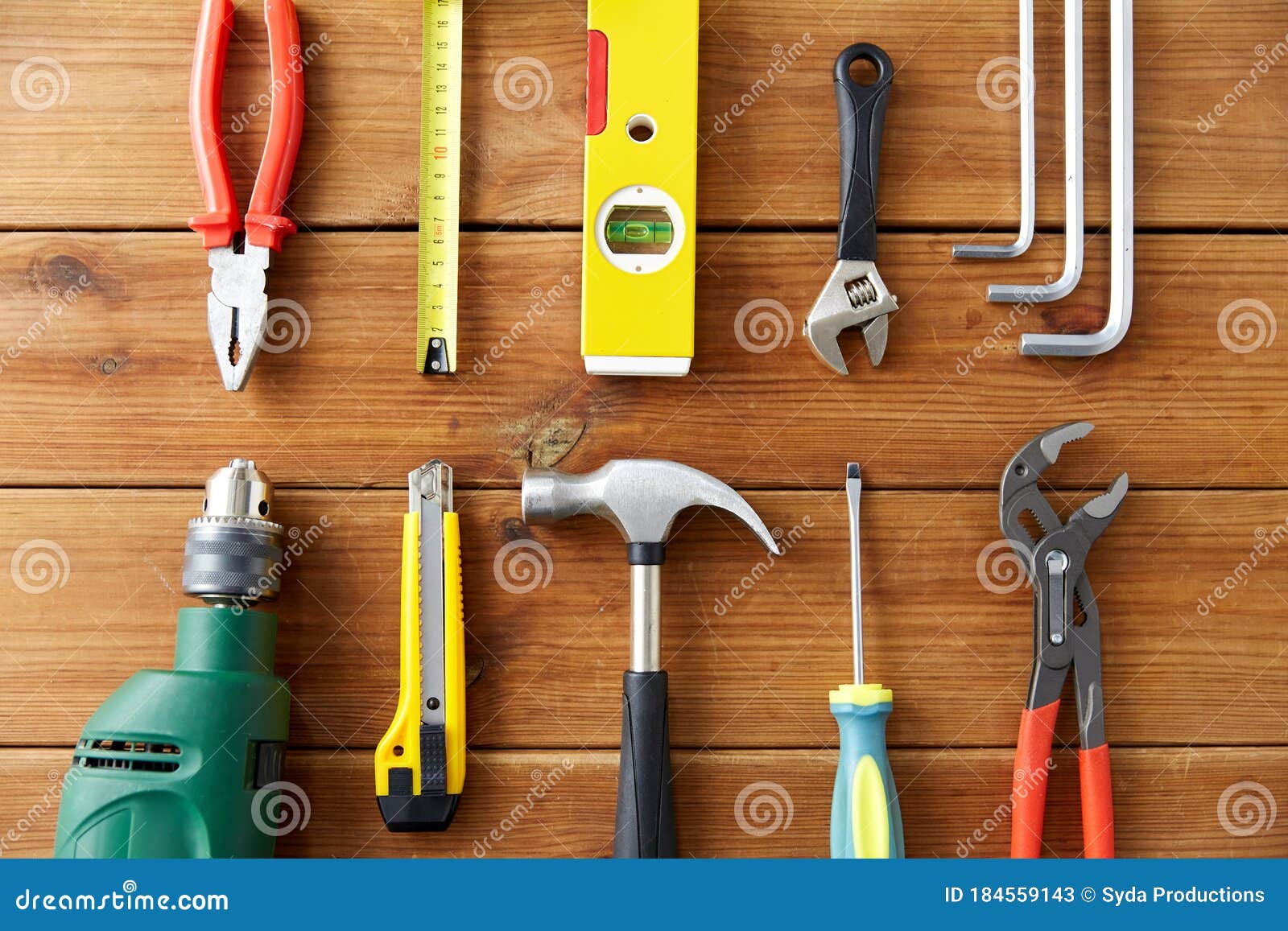 Different Work Tools on Wooden Boards Stock Image - Image of ...