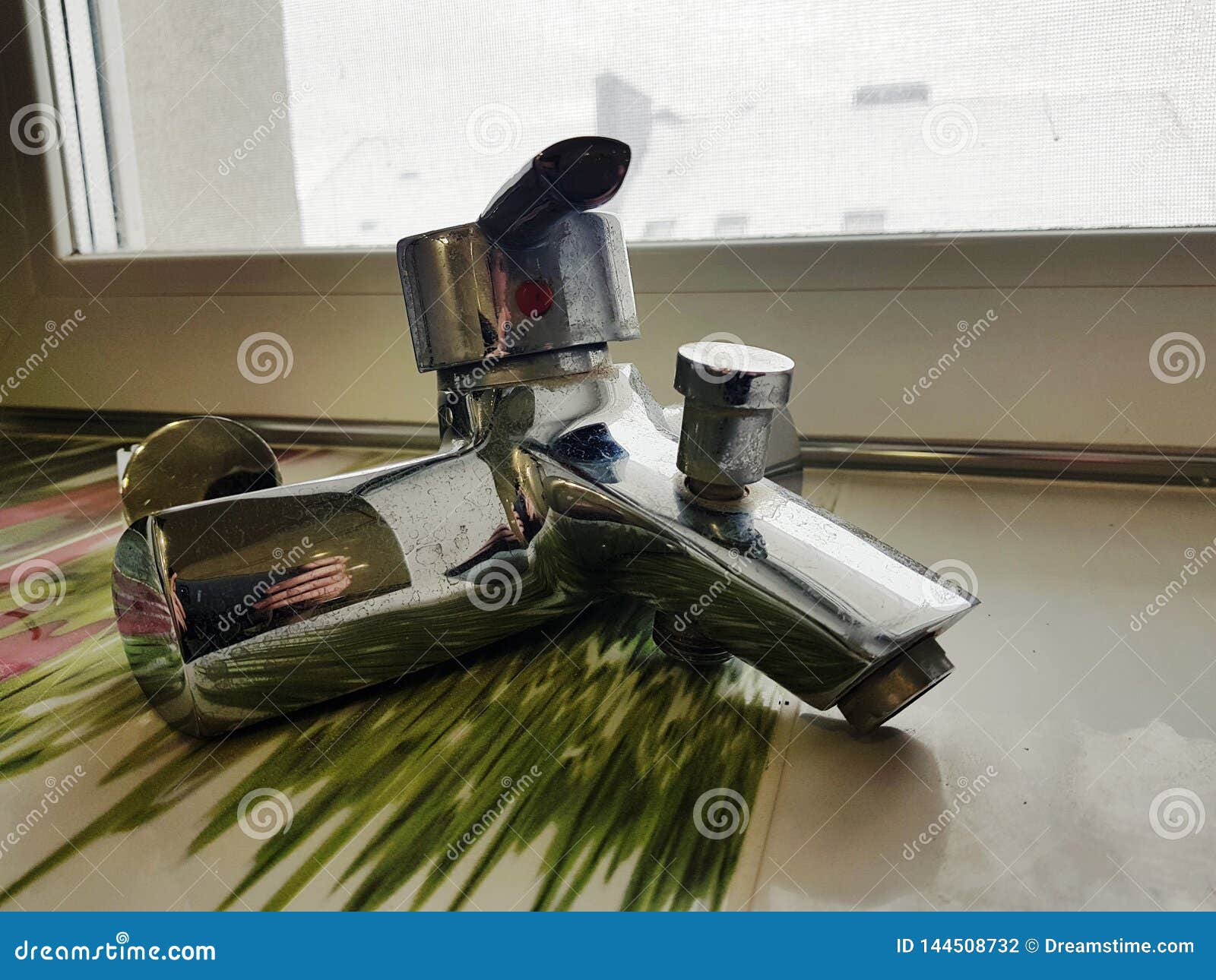 Repair and Construction - Water Tap on a Tile in the Bathroom Stock ...