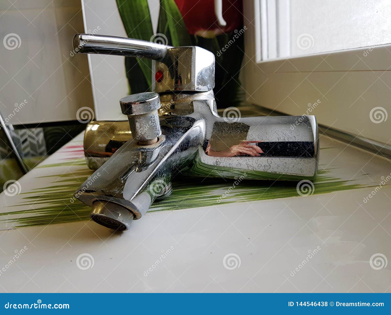 Repair and Construction - Water Tap on a Tile in the Bathroom Stock ...