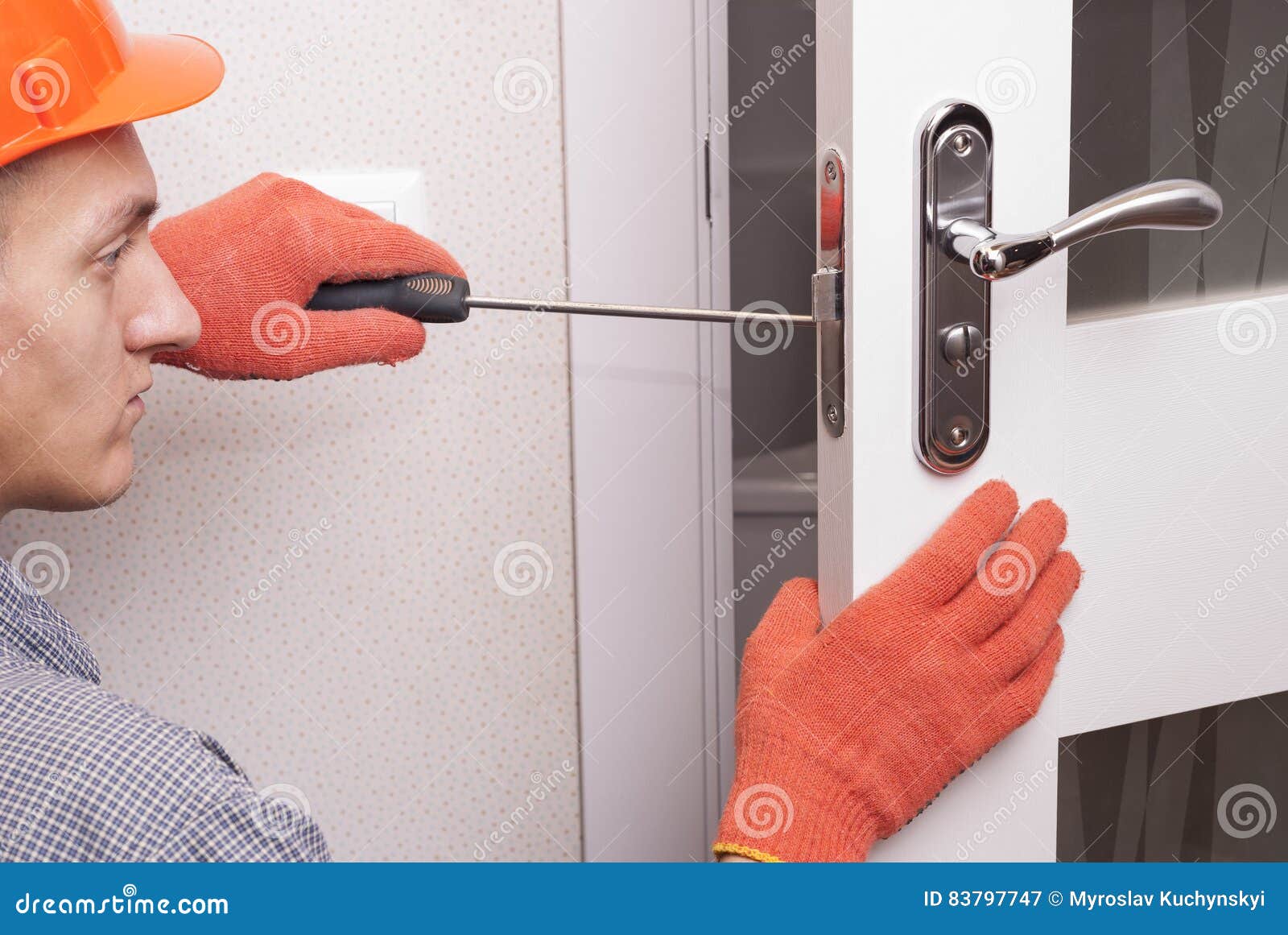 Repair door lock stock image. Image of caucasian, hand - 83797747