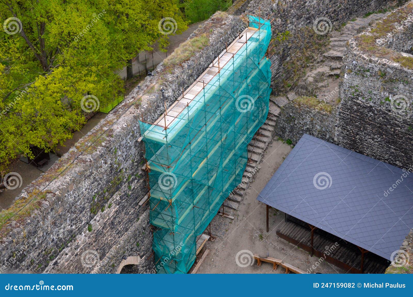 Repair of the Fortification Wall of a Medieval Castle. Net Scaffolding ...