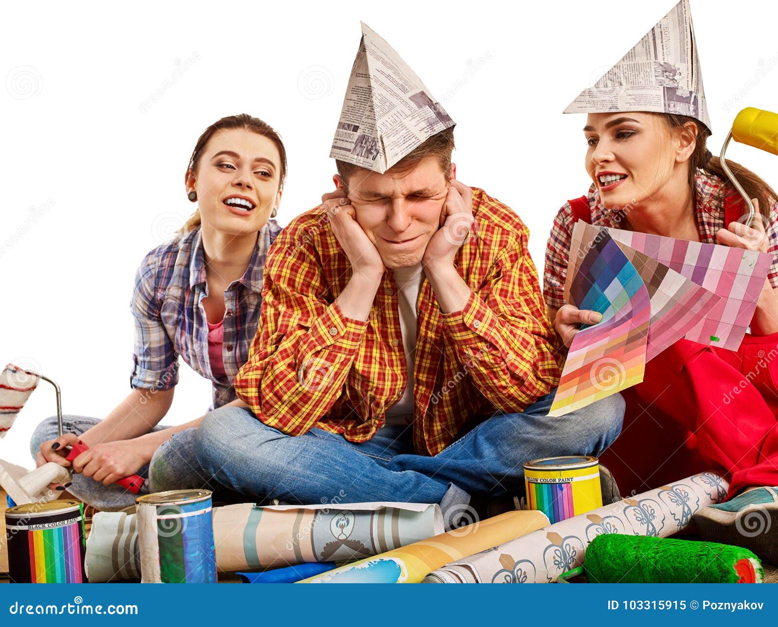 Repair Group of People Building Home Using Paint Roller Tools. Stock ...