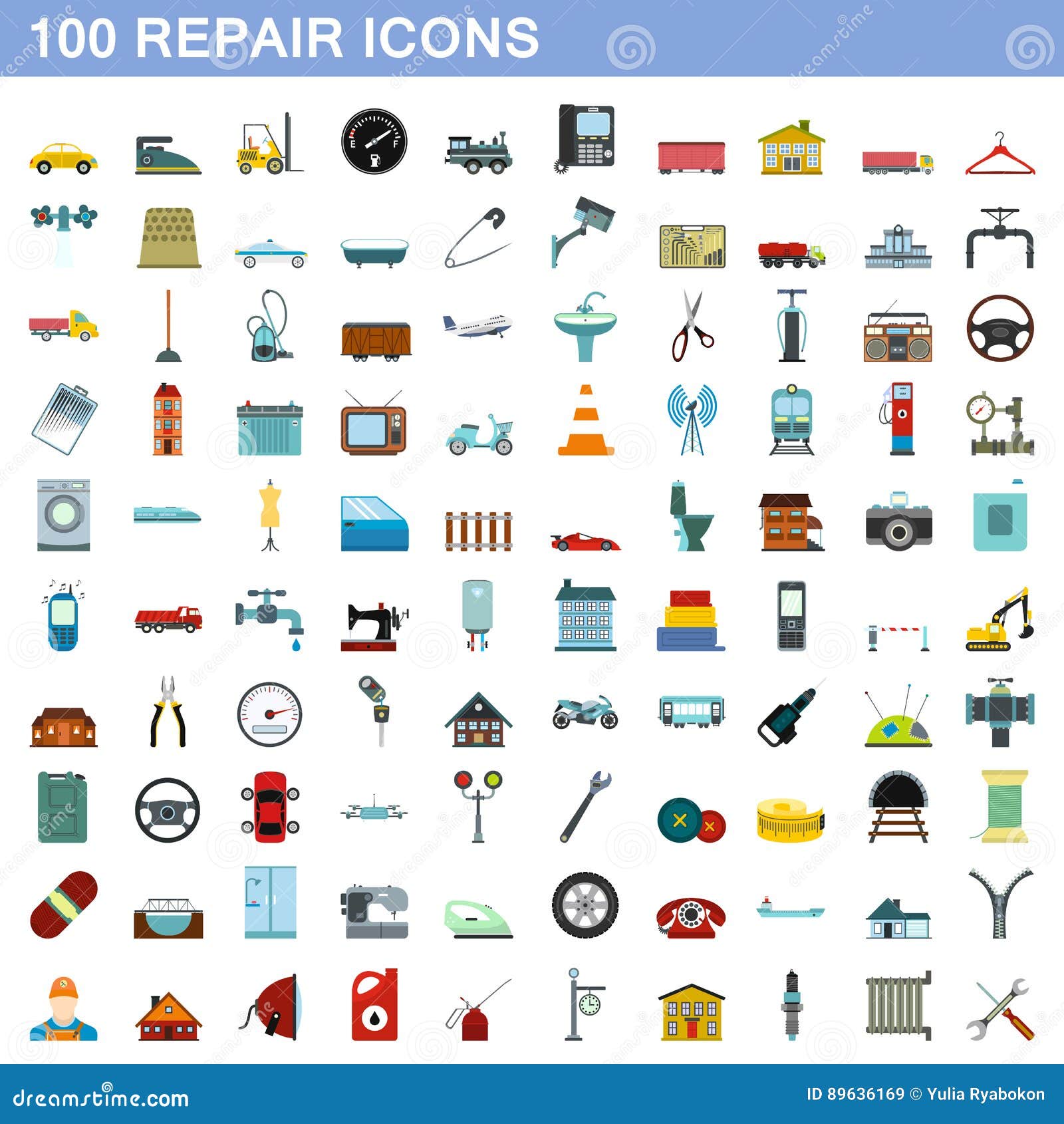 100 Repair Icons Set, Flat Style Stock Vector - Illustration of cone ...