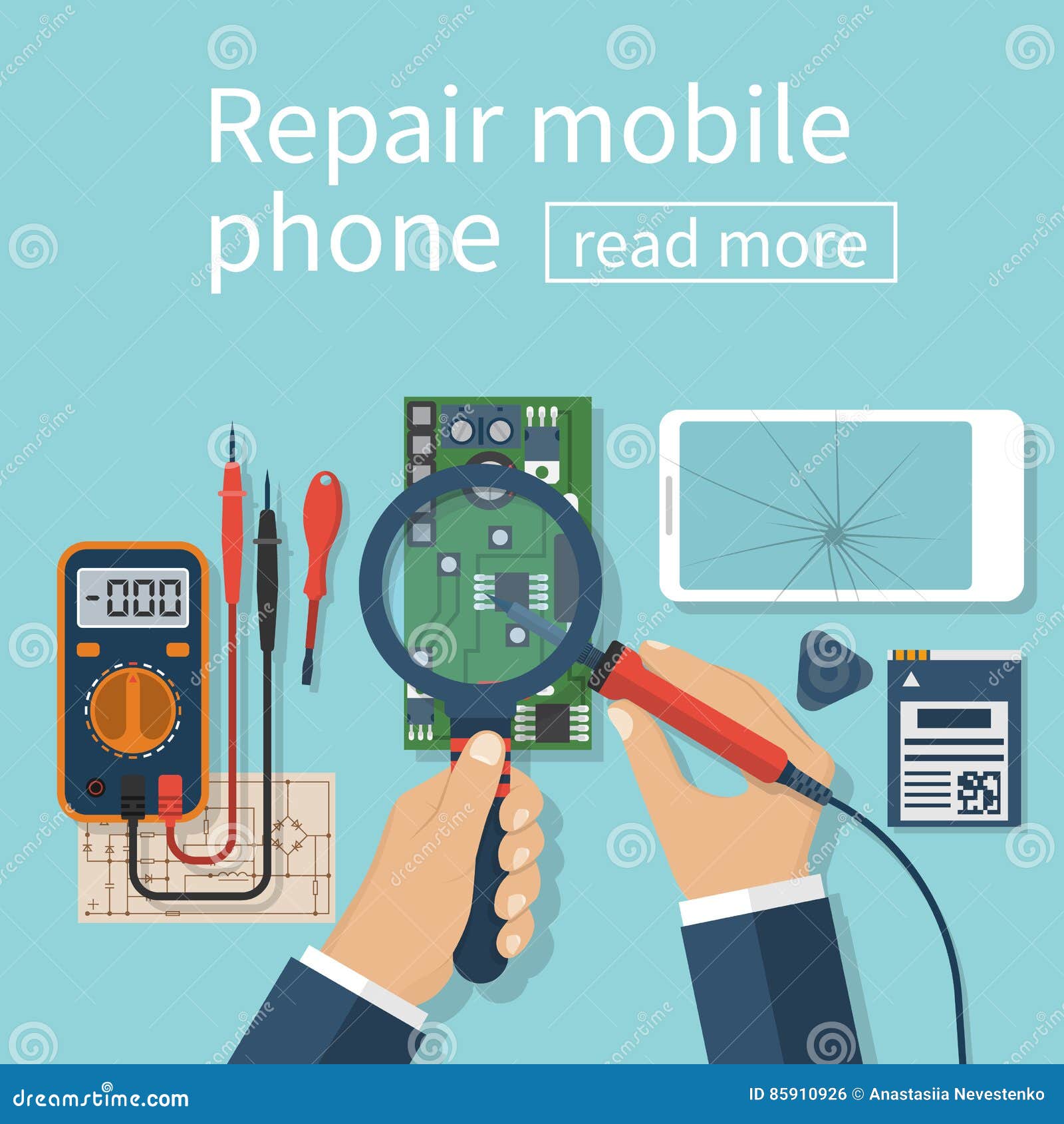 Repair mobile phone. stock vector. Illustration of multimedia - 85910926