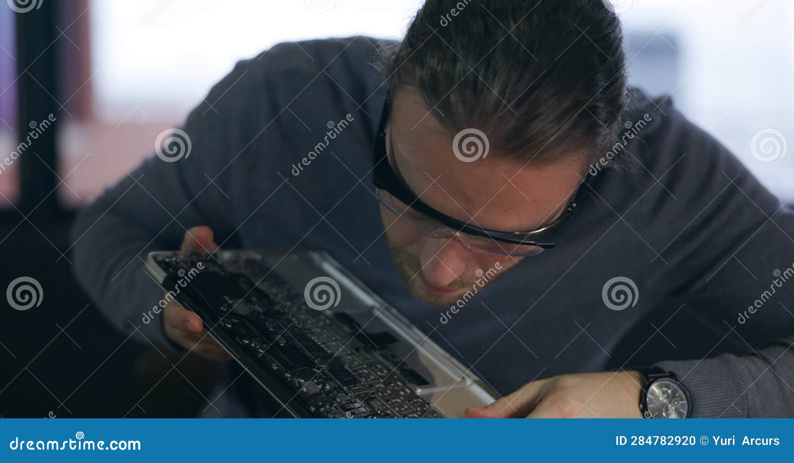Repair, Motherboard and Technician Working on Device in a Workshop ...