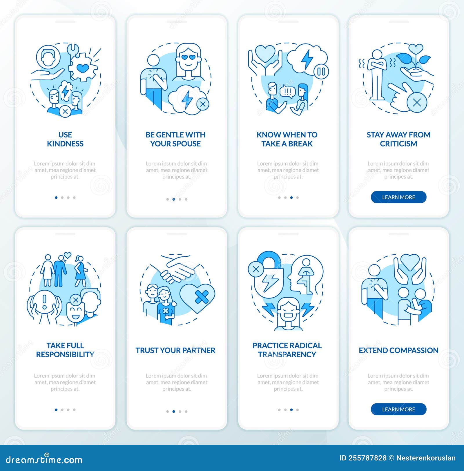 Repair Relationship Marriage Blue Onboarding Mobile App Screen Set