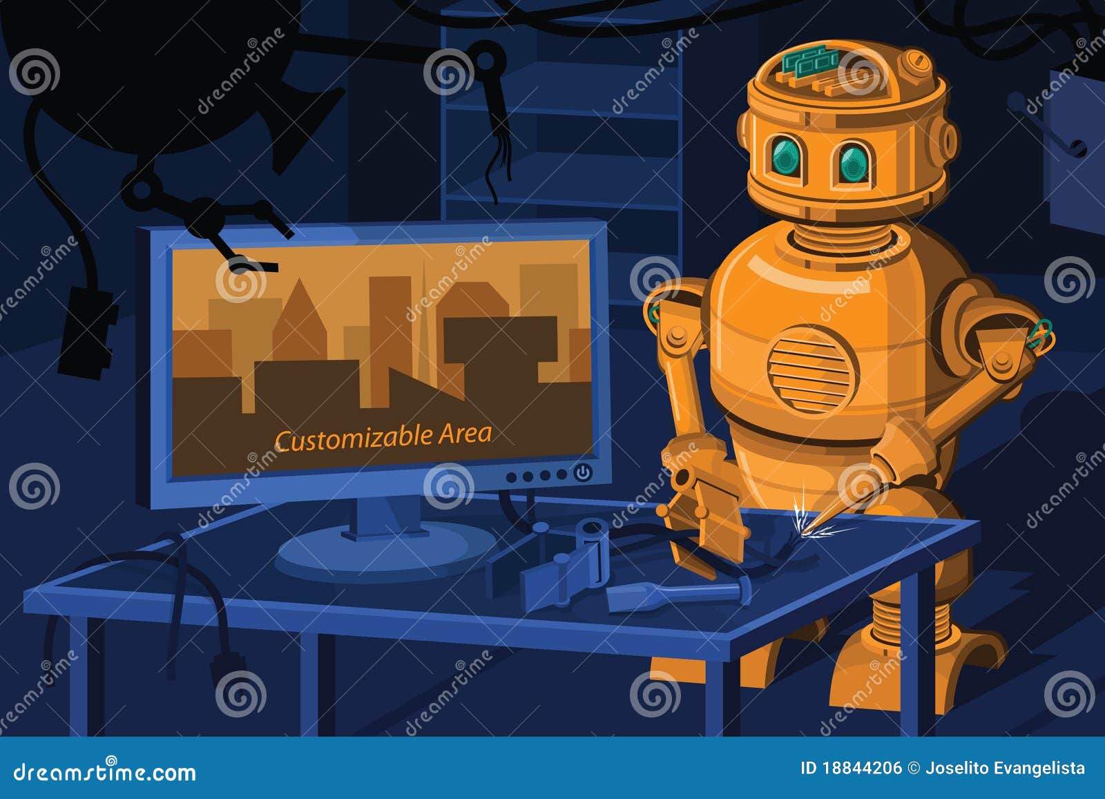 Repair Of Robotics Concept. The Robot And The Drill Cartoon Vector ...