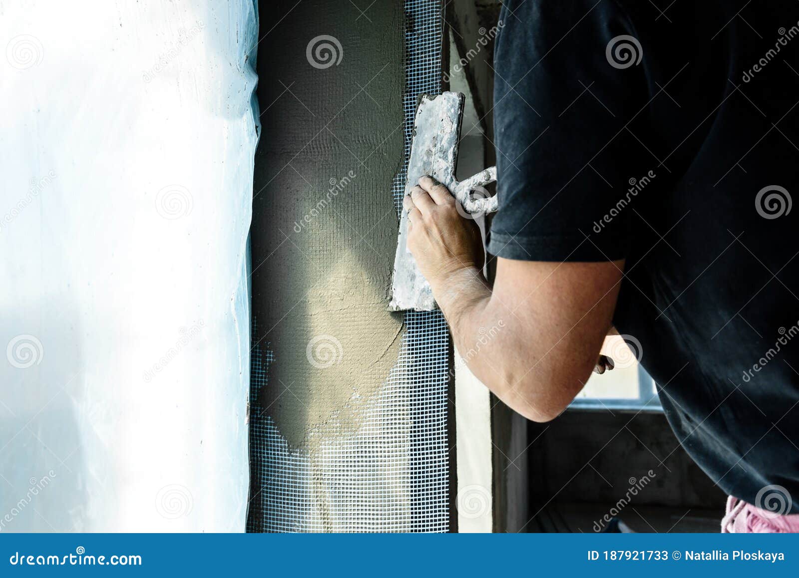 Repair In The Slopes Of The Window. The Process Of Applying A Layer Of ...