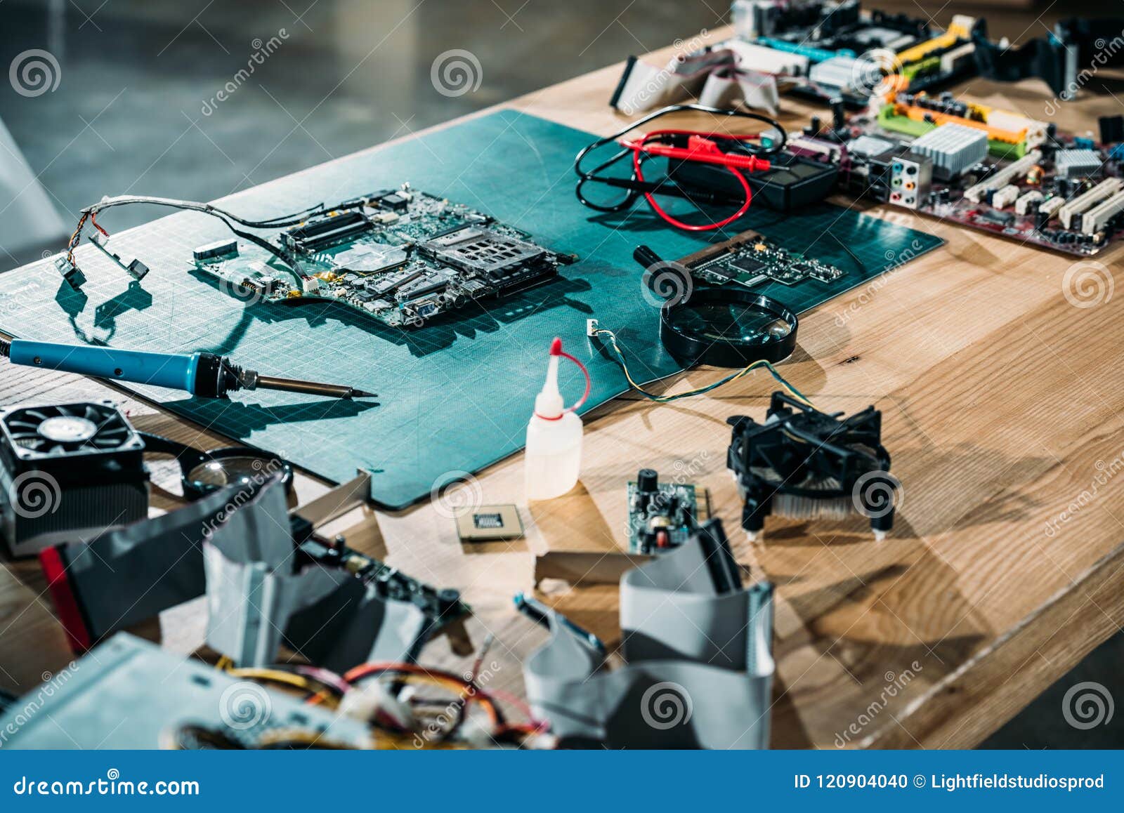 Repair Table with Circuit Board Stock Photo - Image of resistor ...
