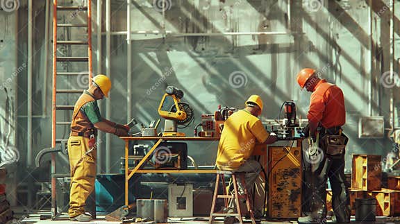 A Repair Team is Busy Working at a Construction Site, Utilizing Various ...