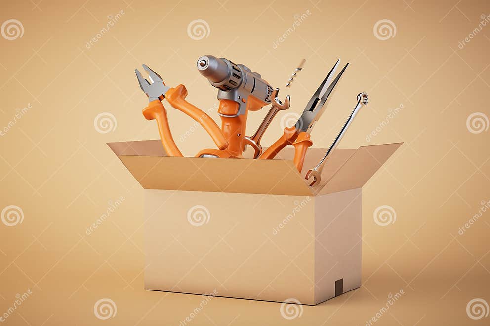 Repair Tools. an Open Box with Orange Tools on a Pastel Background ...