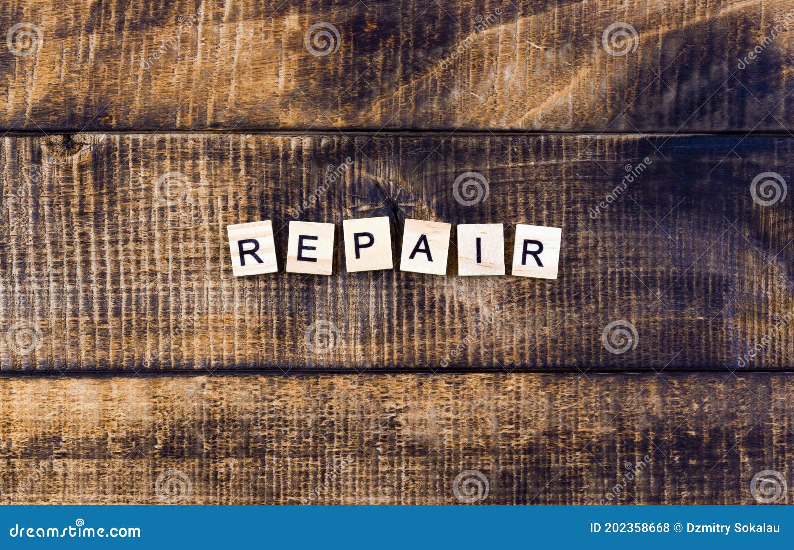 Repair Word on Wooden Background. Collage of Tools Stock Photo - Image ...