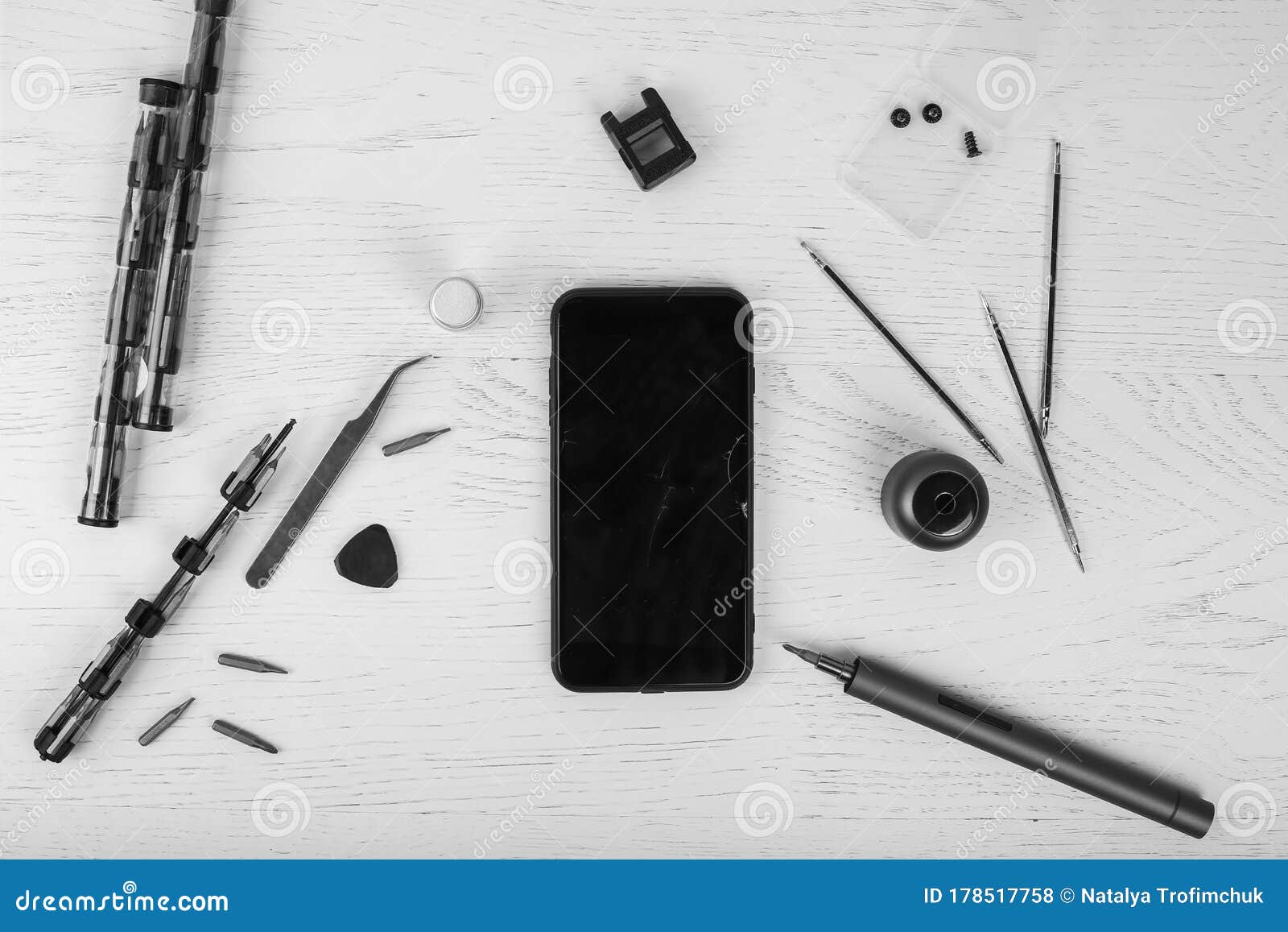 Repair Workplace with Phone and Special Tools. Disassembled Smartphone ...