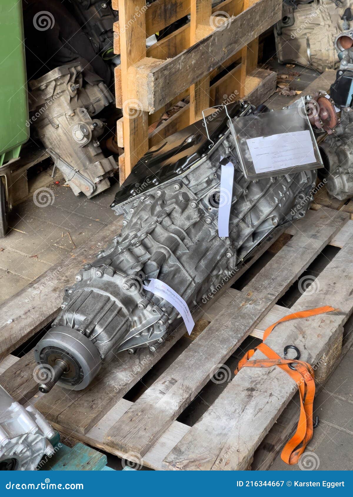 Repaired Engine Gearboxes Lie on Wooden Pallets in the Shed Stock Image ...