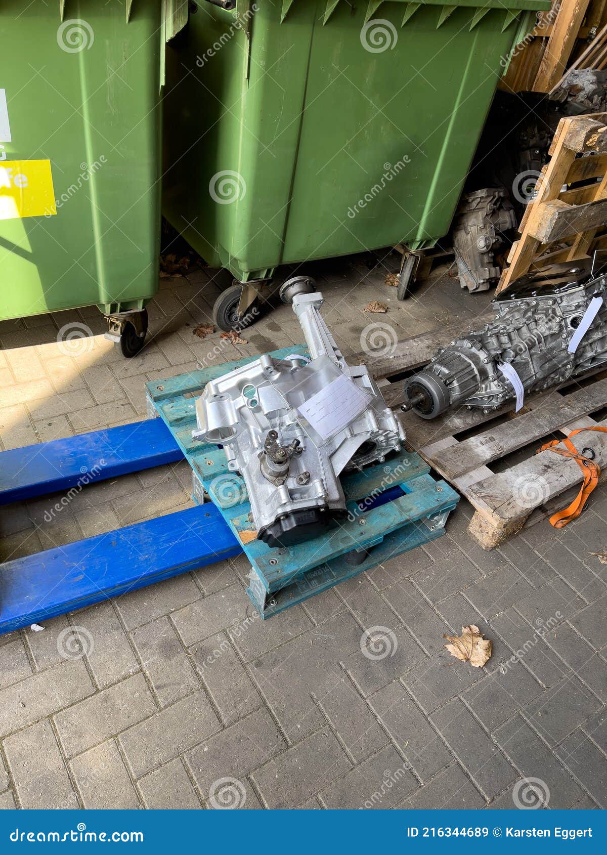 Repaired Engine Gearboxes Lie on Wooden Pallets in the Shed Stock Image ...