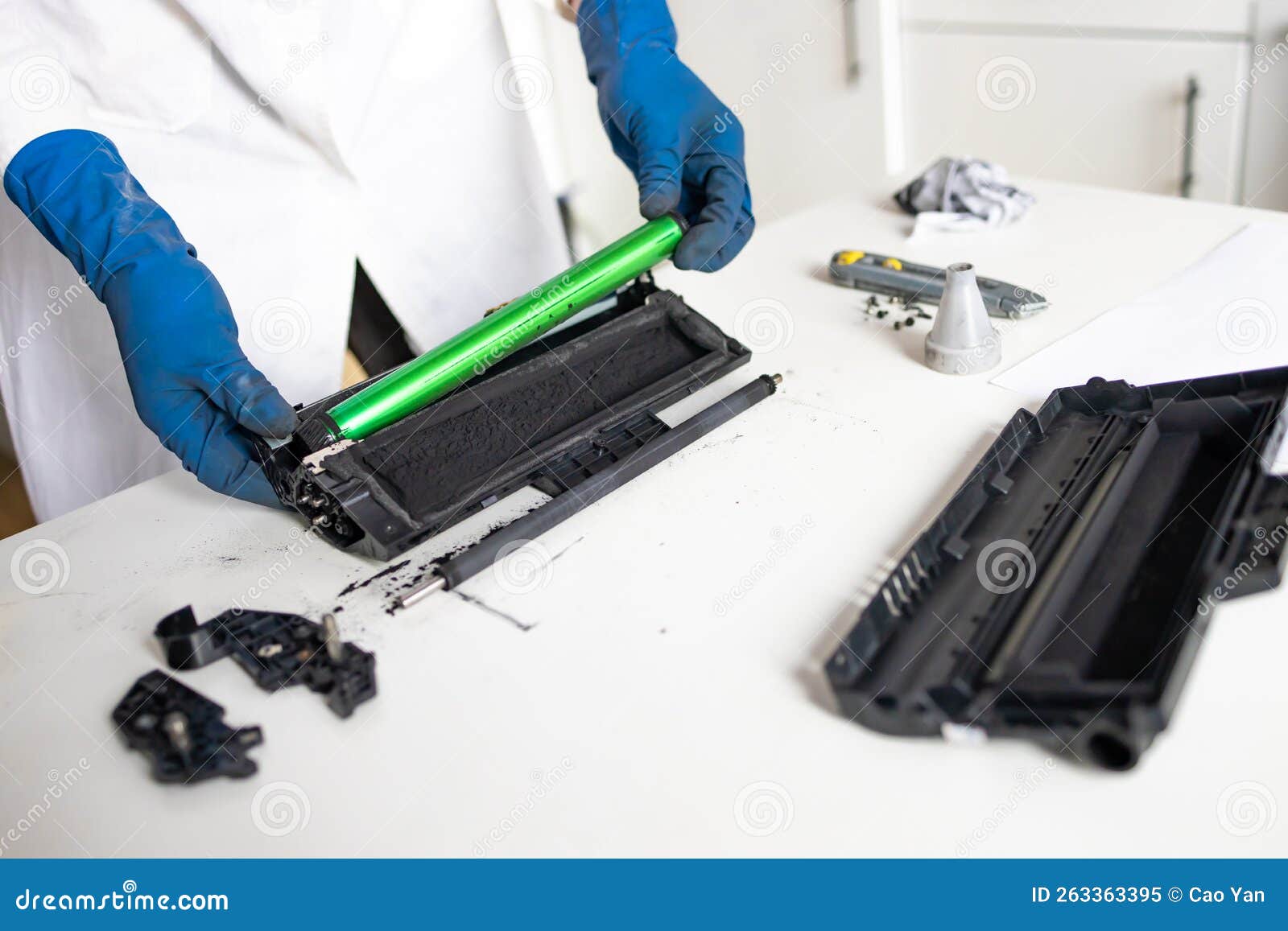 Hands Repairing Laser Toner Cartridge. Worker Laser Printer on a ...