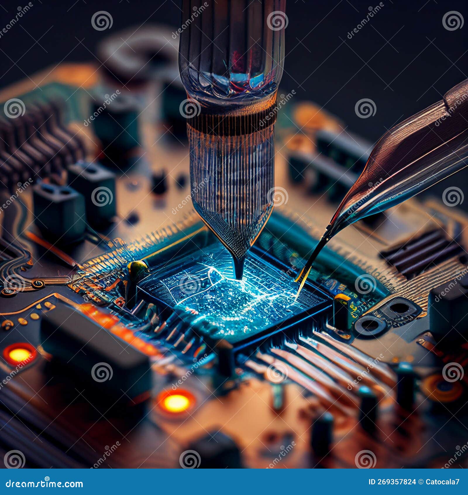 Repairing an Electrical Microcircuit with Thin Tools Close-up. Stock ...