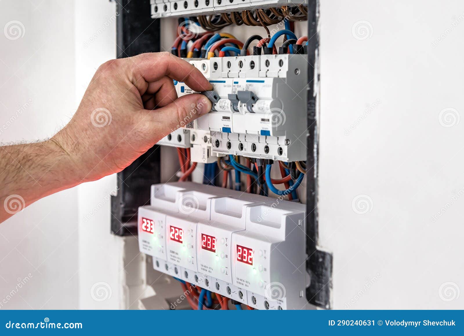 Row Of Automatic Switches Of Electricity In The Electrical Shield In ...