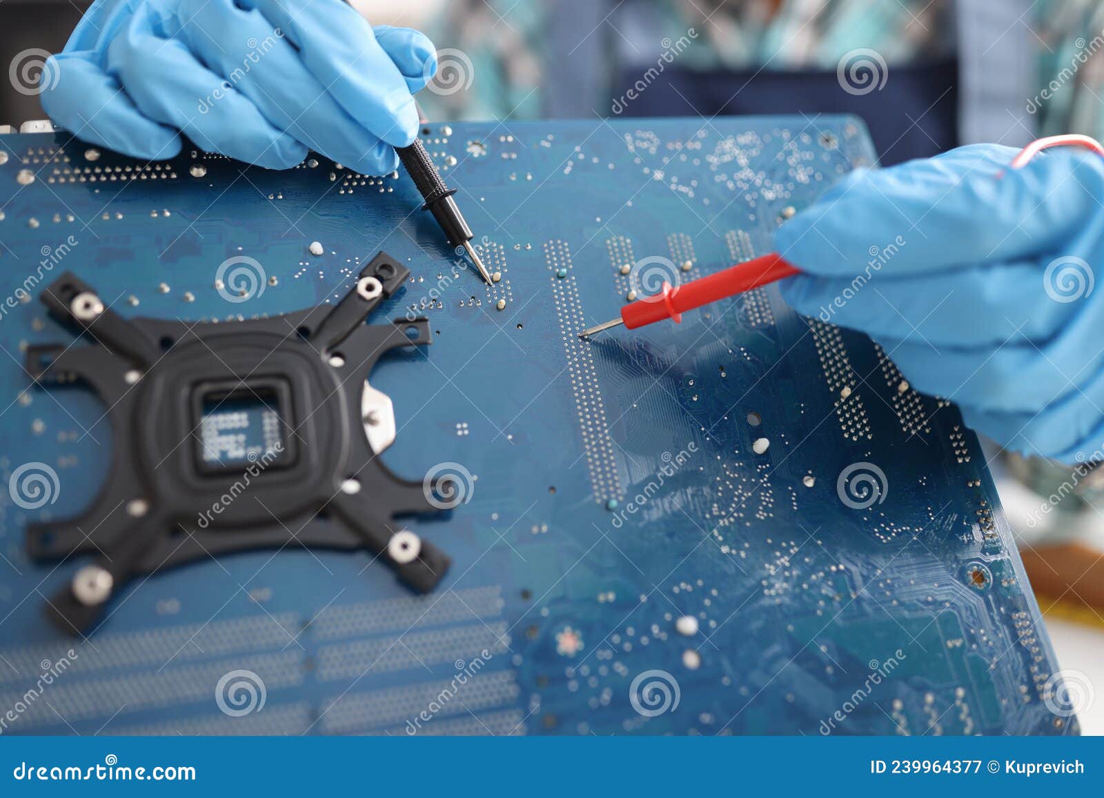 Repairman Diagnosing Breakdown in Computer Motherboard Using Tester ...