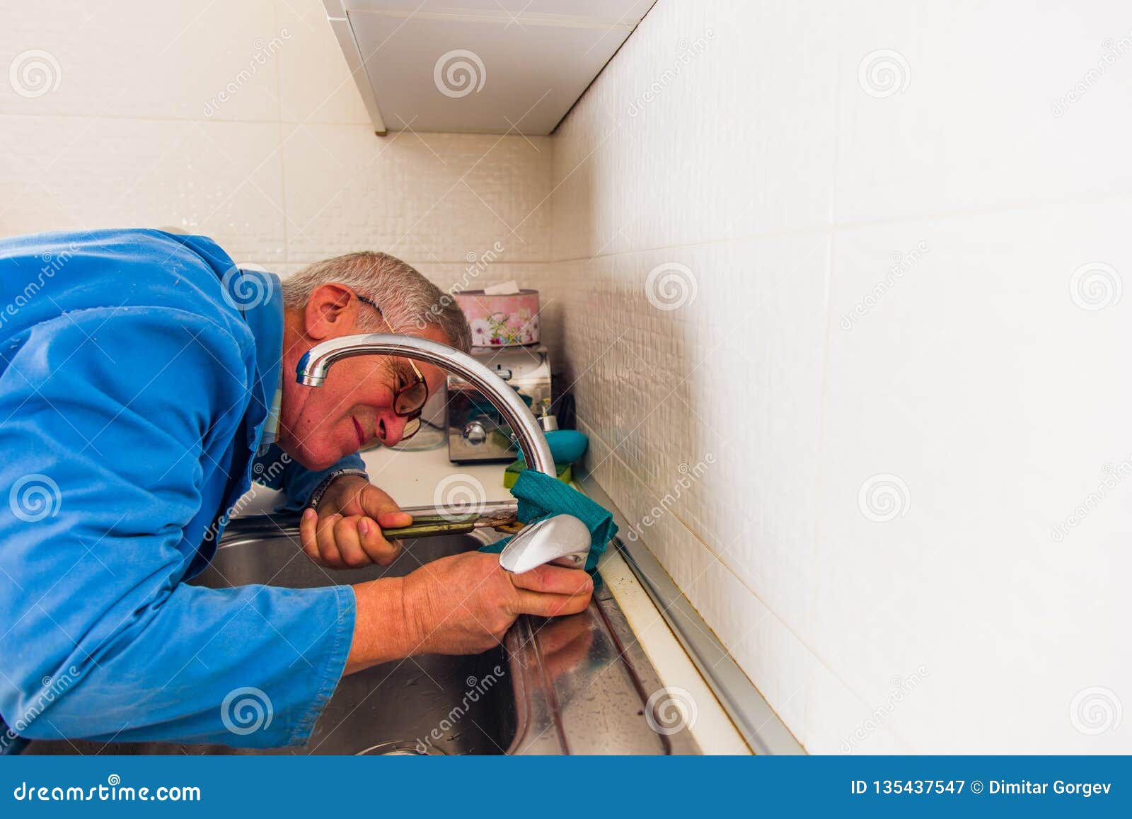 Repairman Fixing the Faucet with Tools Stock Image - Image of broken ...