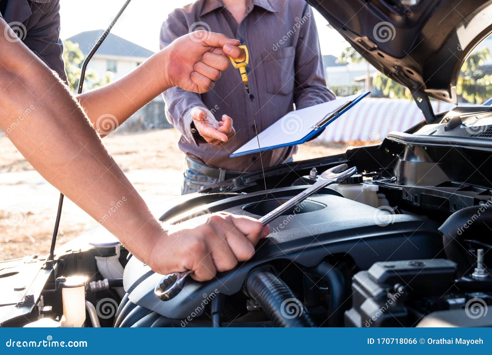 Repairman and Insurance Agent Checking Engine Order Using Modern Tools ...