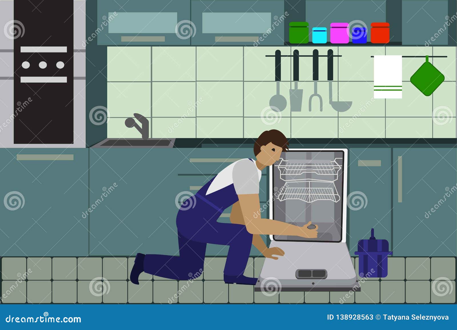 Repairman, Master Repairing Dishwasher with Screwdriver in Kitchen ...